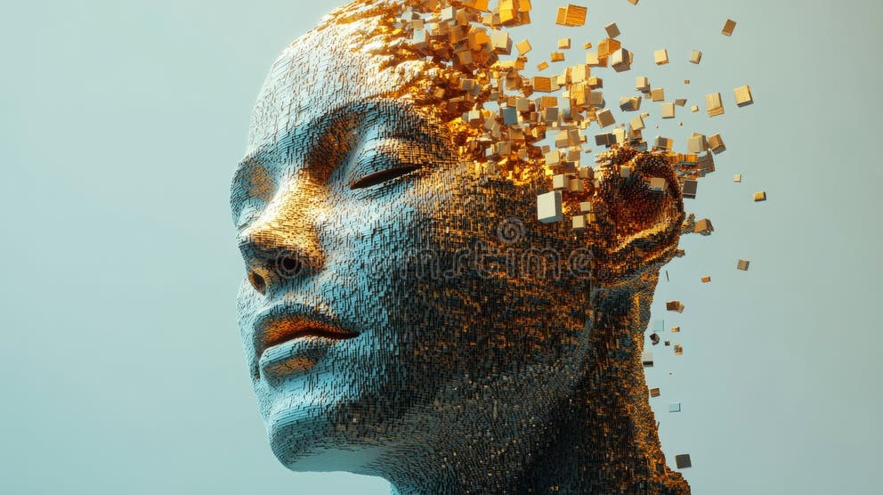 Digital Face with Pixels Disintegrating in Abstract Form. Stock ...