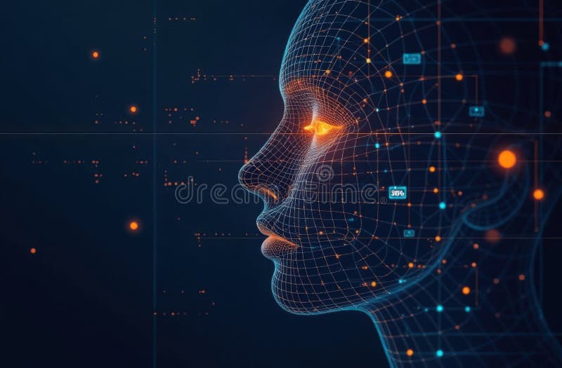 Digital Face Profile with Futuristic Wireframe and Orange Glowing ...