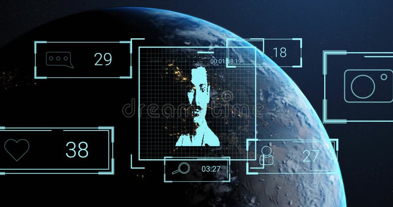 Digital Face Recognition Animation Over Earth from Space with Data and ...