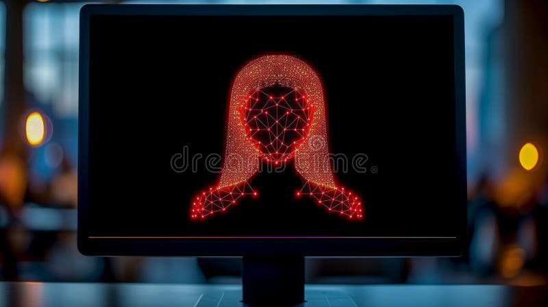 Digital Face on Screen with Red Network Nodes Stock Illustration ...