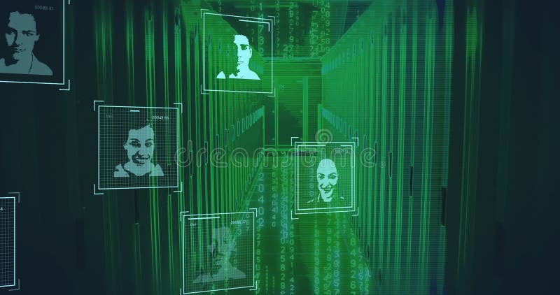 Digital Faces and Binary Code Animation Over Green Matrix-like ...