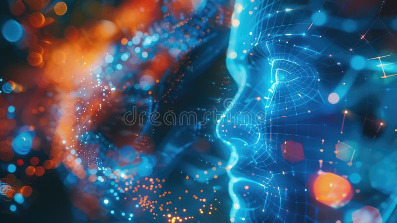 Digital Faces with Glowing Blue and Orange Lines Facing Each Other ...