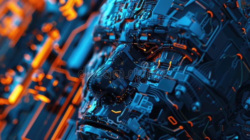 Digital Faces with Glowing Blue and Orange Lines Facing Each Other ...