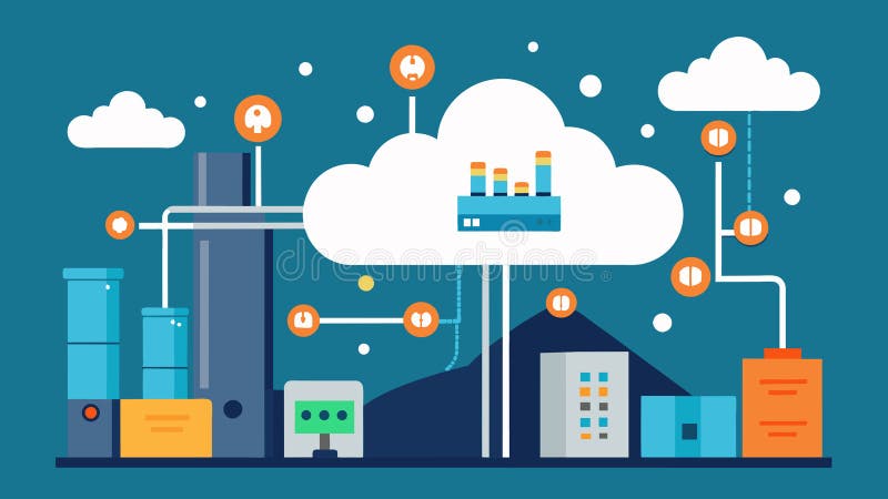 A Digital Factory with Massive Clouds of Binary Code Hovering Over the Assembly Line As Data is ...