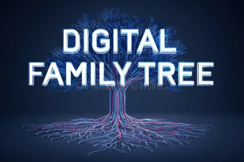 Digital Family Tree with Glowing Network Roots on Dark Background ...