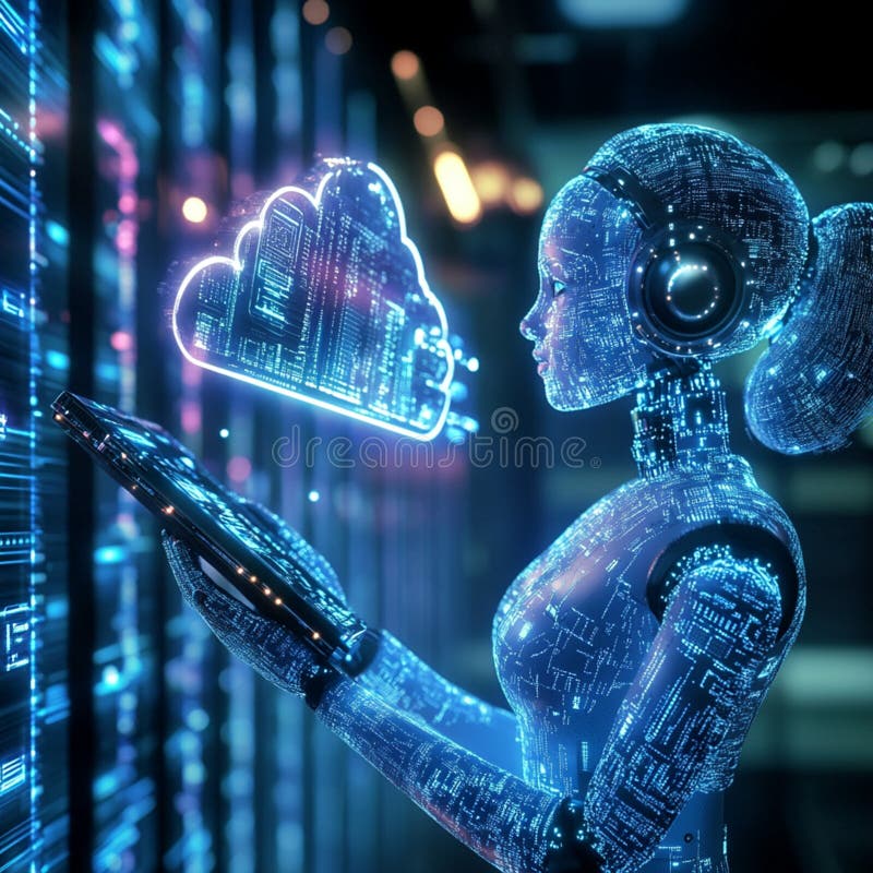 Digital Female Robot Cloud Computing Data Server Technology Future AI Web Neon Blue Glow Modern ...