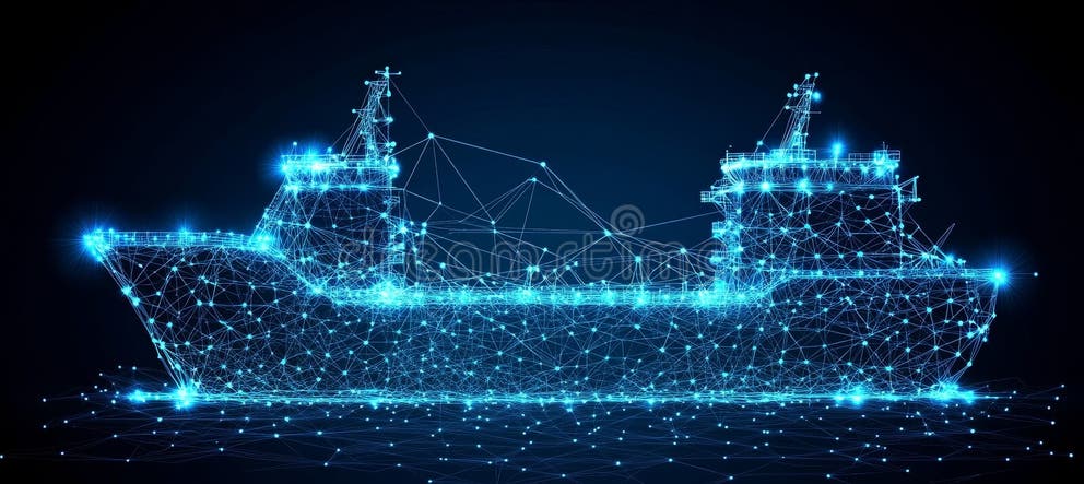 Digital Ferry on Blue Tech Background Abstract Passenger Boat in ...