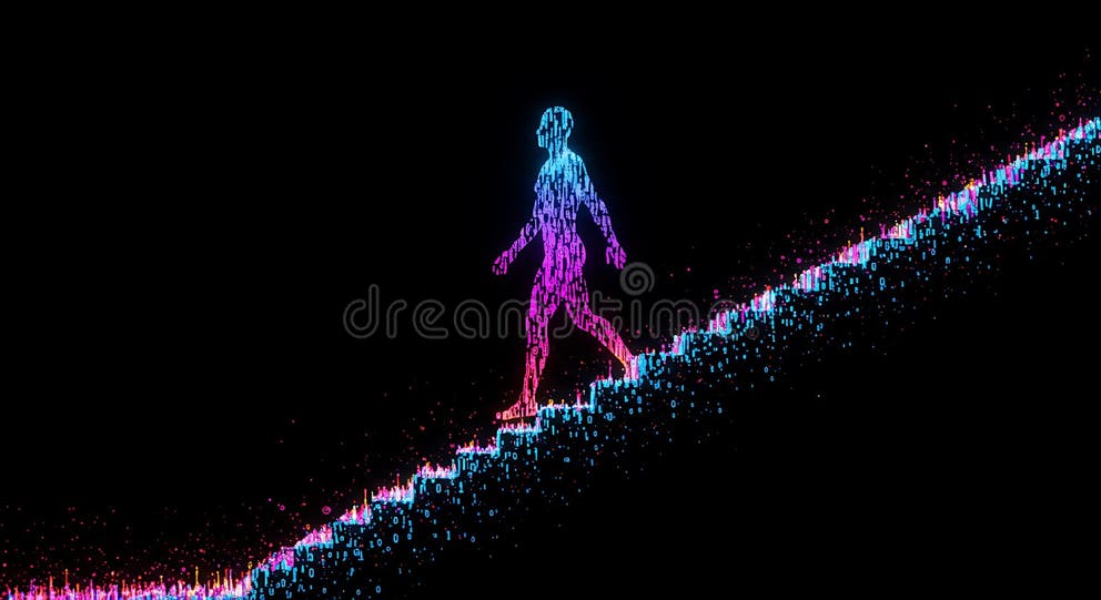 A Digital Figure Composed of Pink and Blue Binary Code Walks on an ...