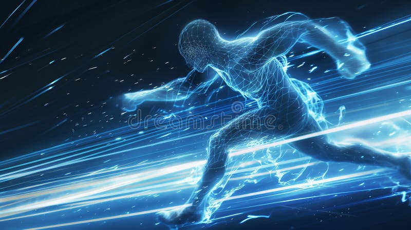 Digital Figure Running in a Futuristic Blue Environment Stock Image ...