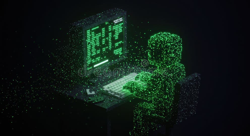 A Digital Character Deeply Engaged in Coding, Enveloped by Glowing ...