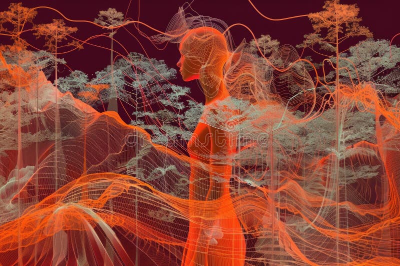 A Digital Figure Stands in a Forest of Glowing, Wireframe Trees, Their ...