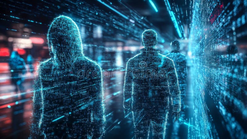 Digital Figures Walk through a City at Night, Illuminated by Data ...