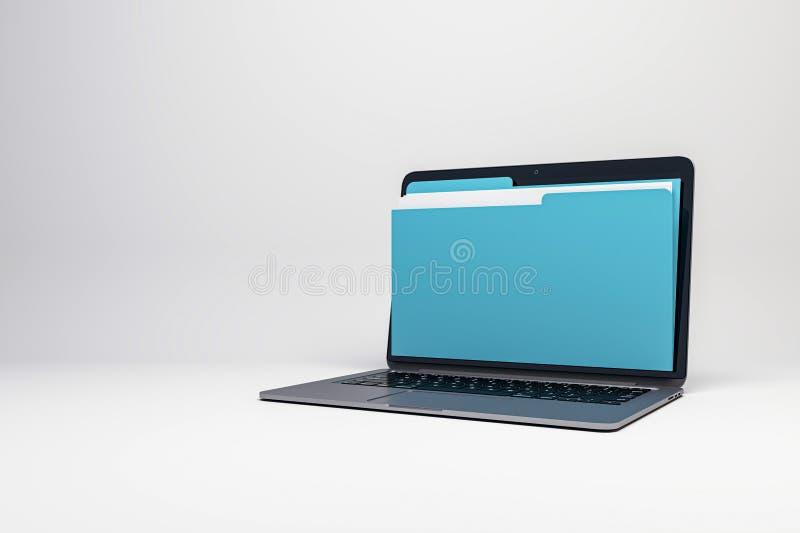 Digital File Folder Emerging from a Laptop Screen on a White Background ...