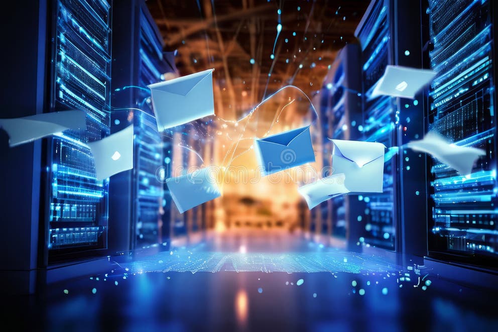 Digital File Transfer Envelopes and Documents Flying between Com Stock ...