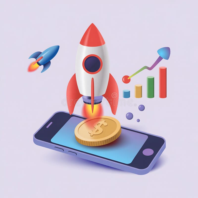 Digital Finance Growth Illustration Featuring Rockets Smartphone Dollar ...