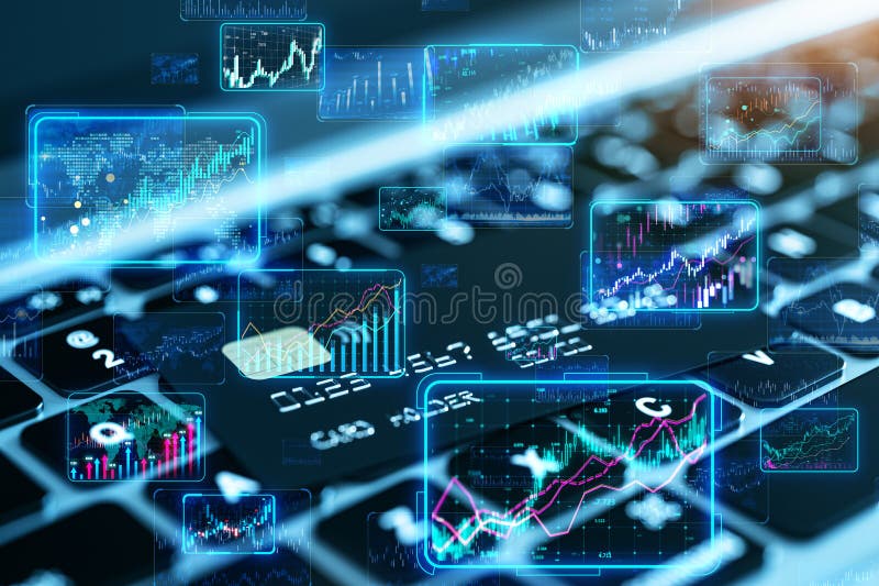 Digital Financial Charts Overlaid on a Computer Keyboard with a Dynamic ...