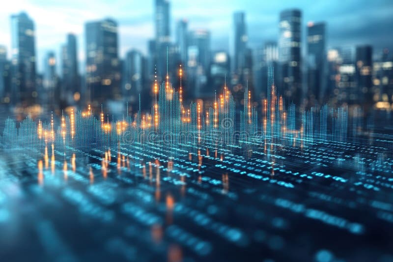 Digital Financial Data Visualization with City Skyline Backdrop at ...