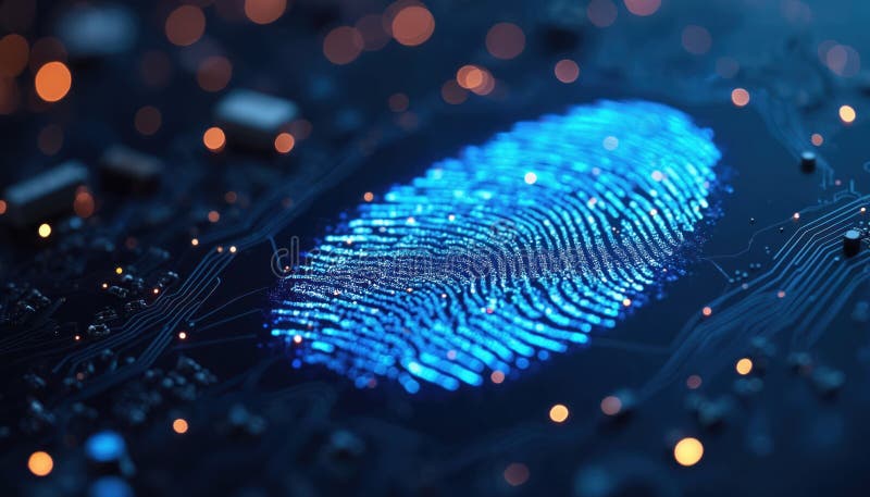 Digital Fingerprint Biometric Identification Concept. Glowing Fingerprint on Circuit Board ...