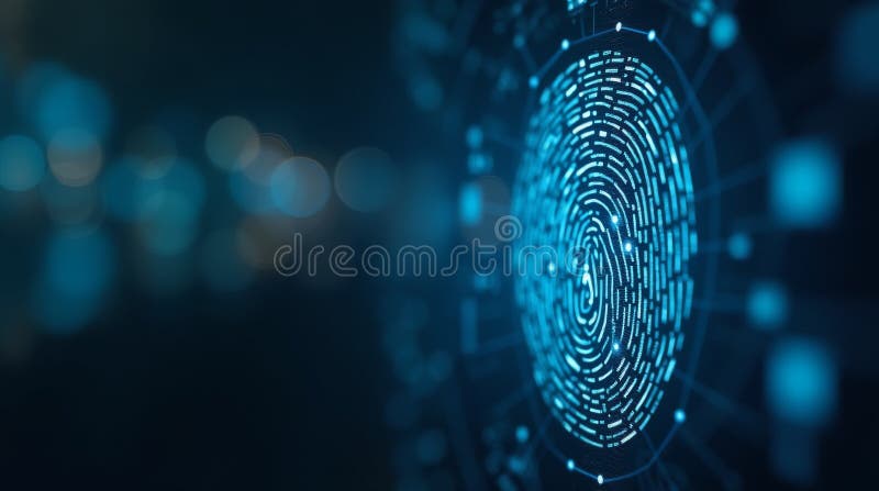Digital Fingerprint on Blue Blurred Background. Biometric ...