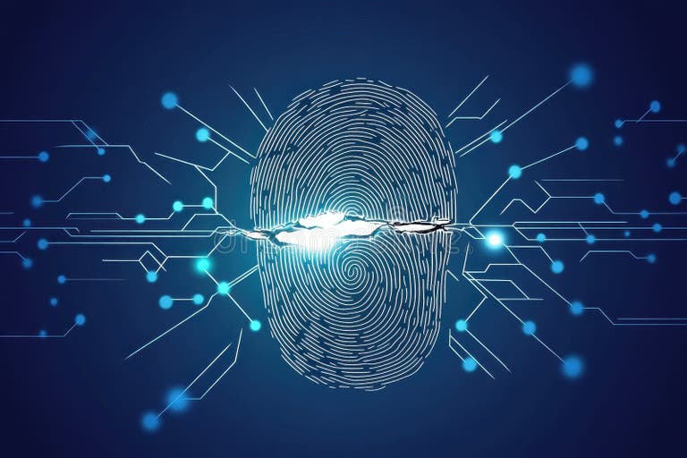 Digital Fingerprint with Circuit Patterns on Blue Abstract Background ...