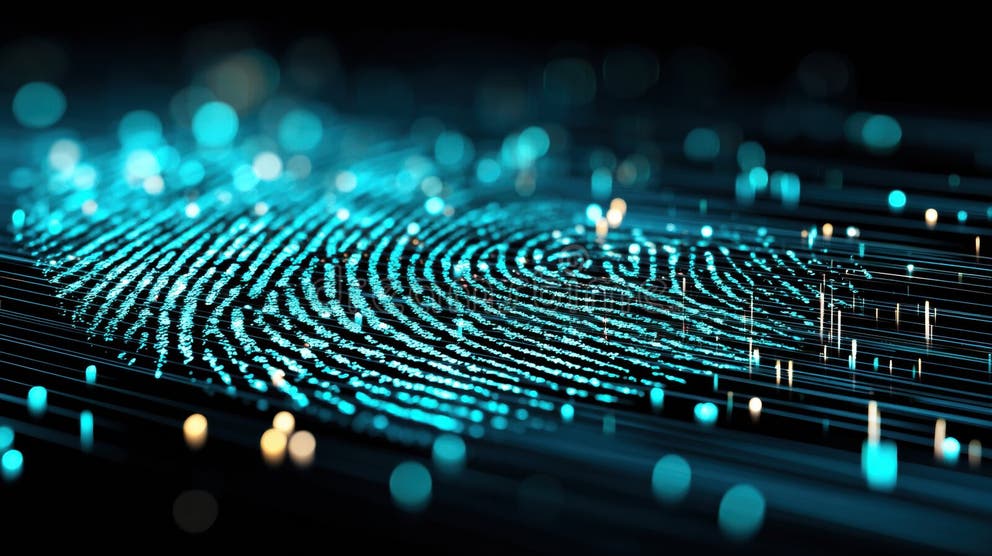 Digital Fingerprint Scan on Abstract Tech Screen with Glowing Effects ...