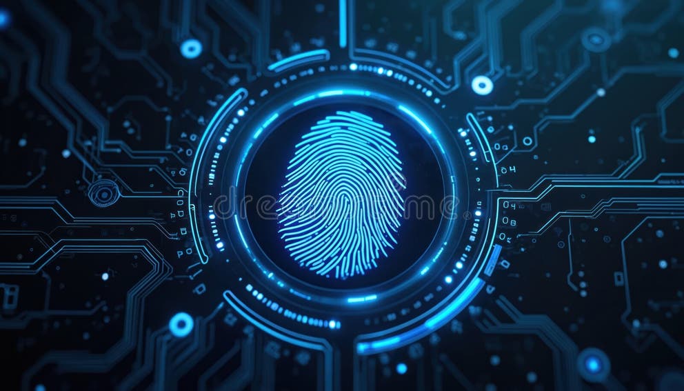 Digital Fingerprint Scan in Blue Glowing Lights on Dark Backdrop ...
