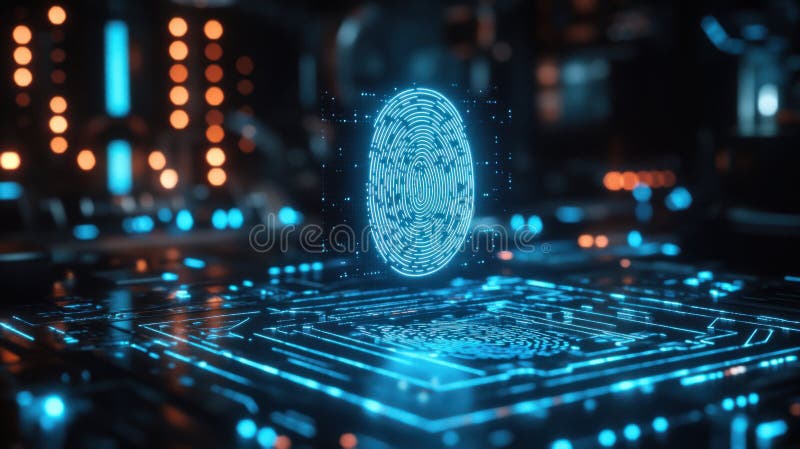 Digital Fingerprint, in a Sleek, Modern Workspace, a Holographic ...