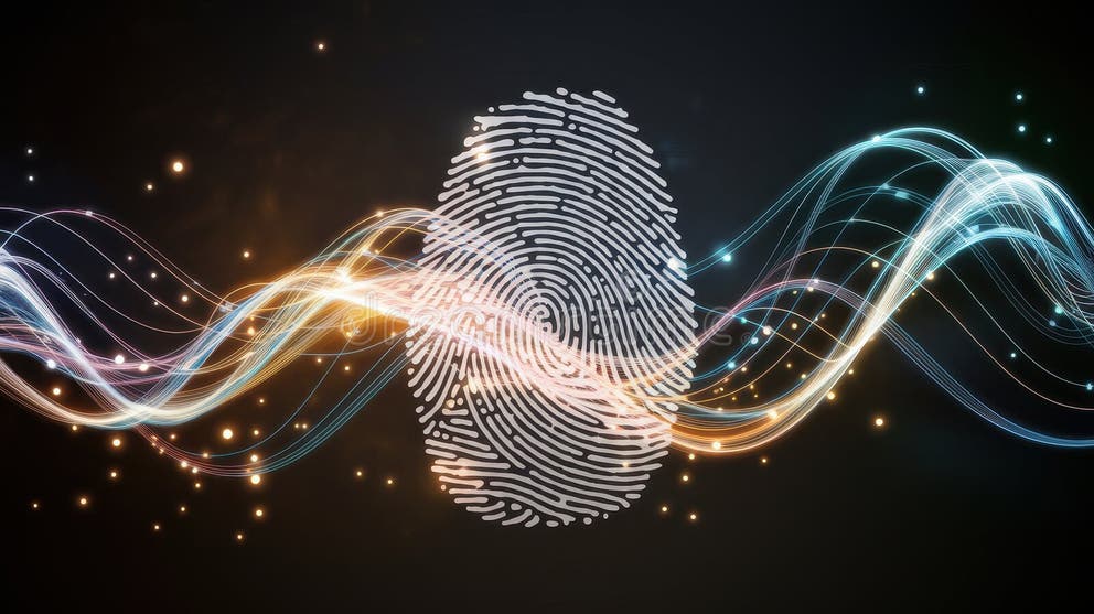 A Digital Fingerprint Surrounded by Vibrant Light Waves Representing ...