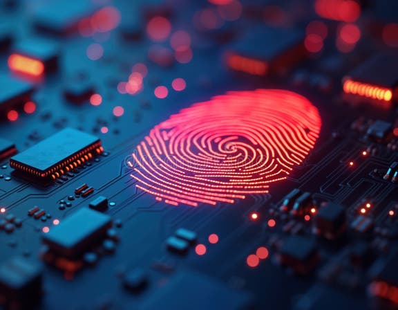 Digital Fingerprint on Tech Circuit Board. Biometric Identification. Advanced Cyber Security ...