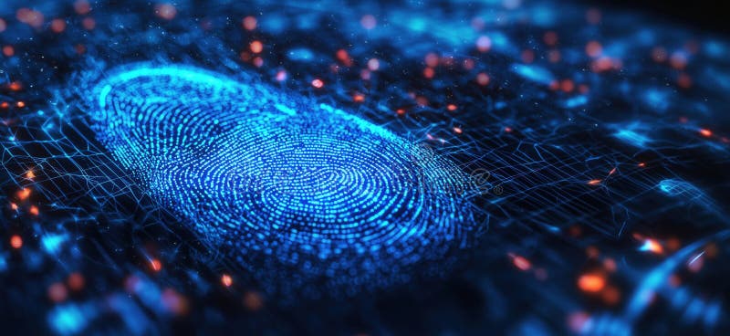 Digital Fingerprint Technology Representation with Glowing Blue ...