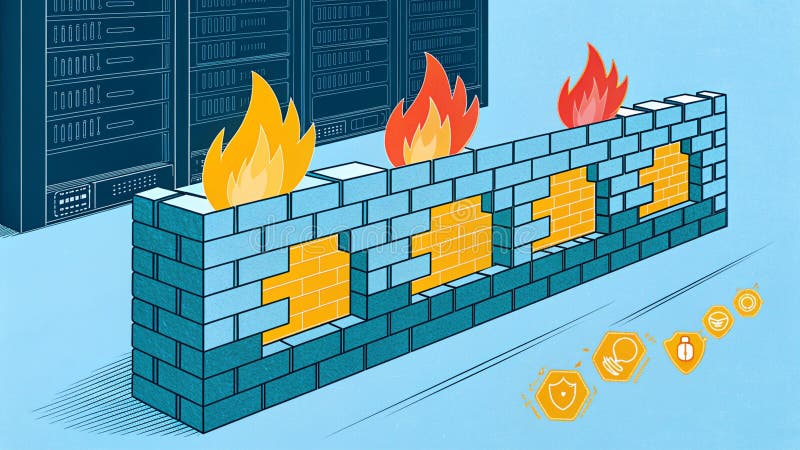 Digital Firewall Illustration with Flames, Protecting Servers and Data ...