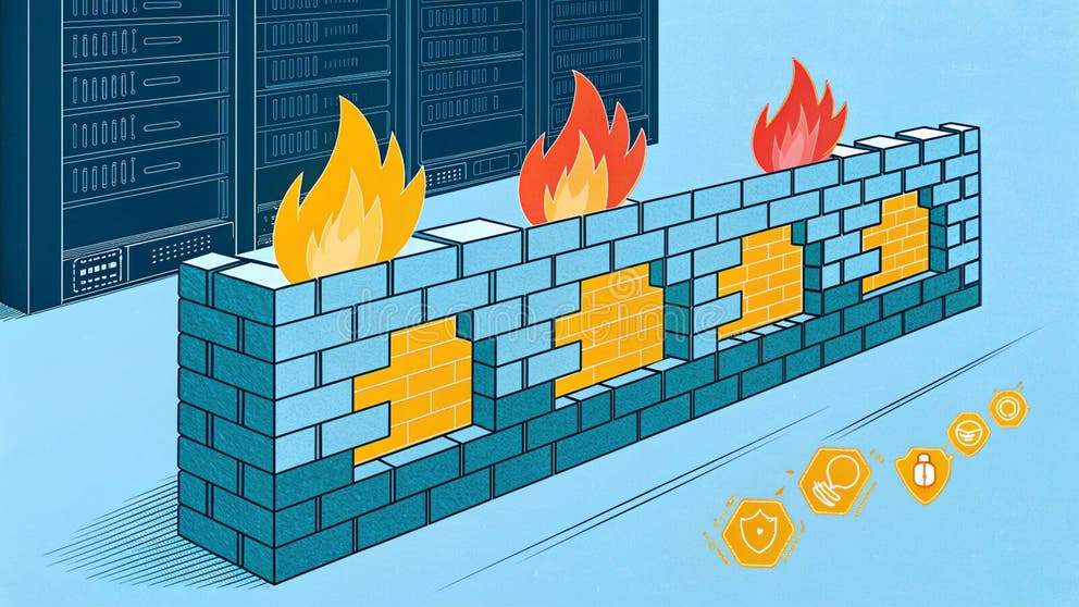 Digital Firewall Illustration with Flames, Protecting Servers and Data ...