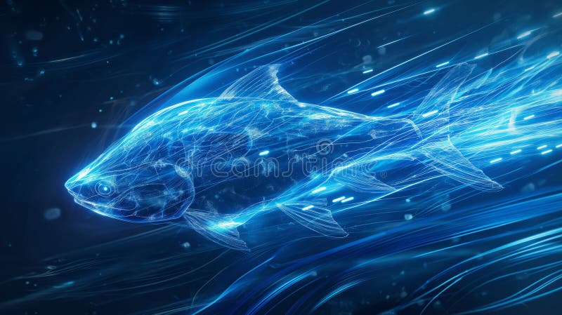 Abstract Glowing Blue Fish Digital Illustration Marine Life Modern ...