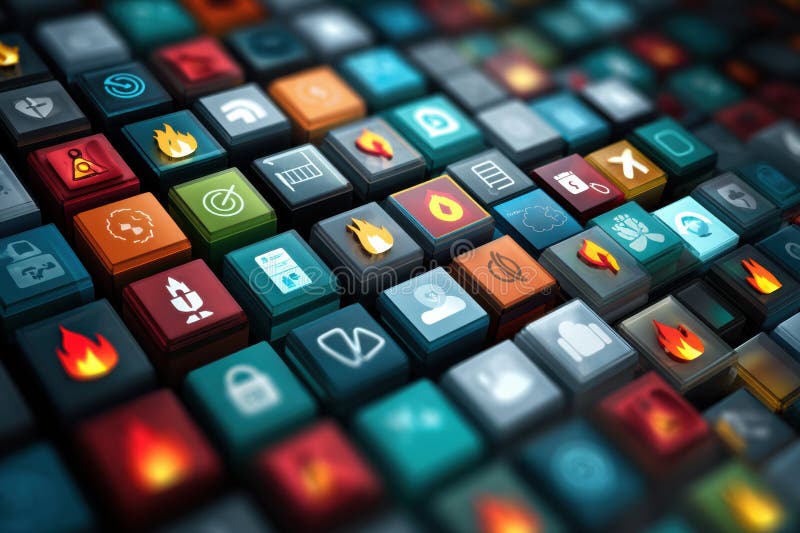 Digital Flames Create Separations among App Icons on a Colorful Grid ...