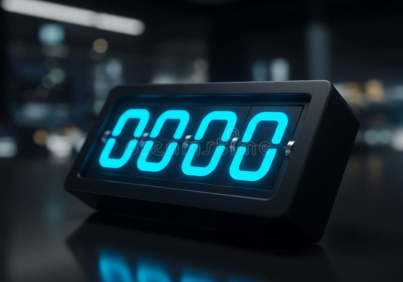 Digital Flip Clock Displaying All Zeros in Blue Neon Light Stock ...