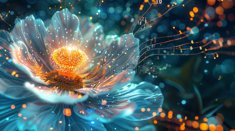 A Digital Flower Blooms with Binary Code Petals Reaching Towards a ...