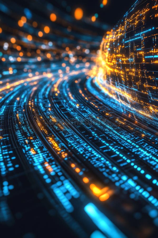 Digital Flowing Data Stream with Bright Neon Lights on a Technology ...