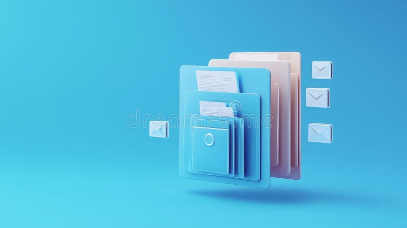 Digital Folders and Envelopes Floating Against a Blue Background ...