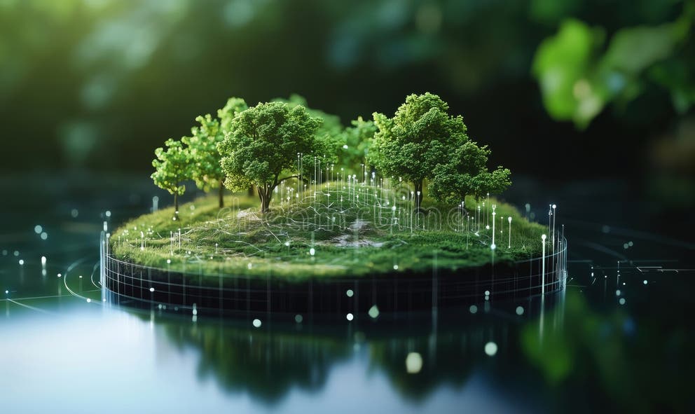 Digital Forest Landscape with Trees and Technology Elements, Showcasing ...