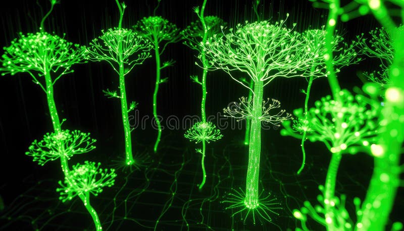 Digital Forest Made of Data and Code, Trees with Glowing Fiber Optic ...