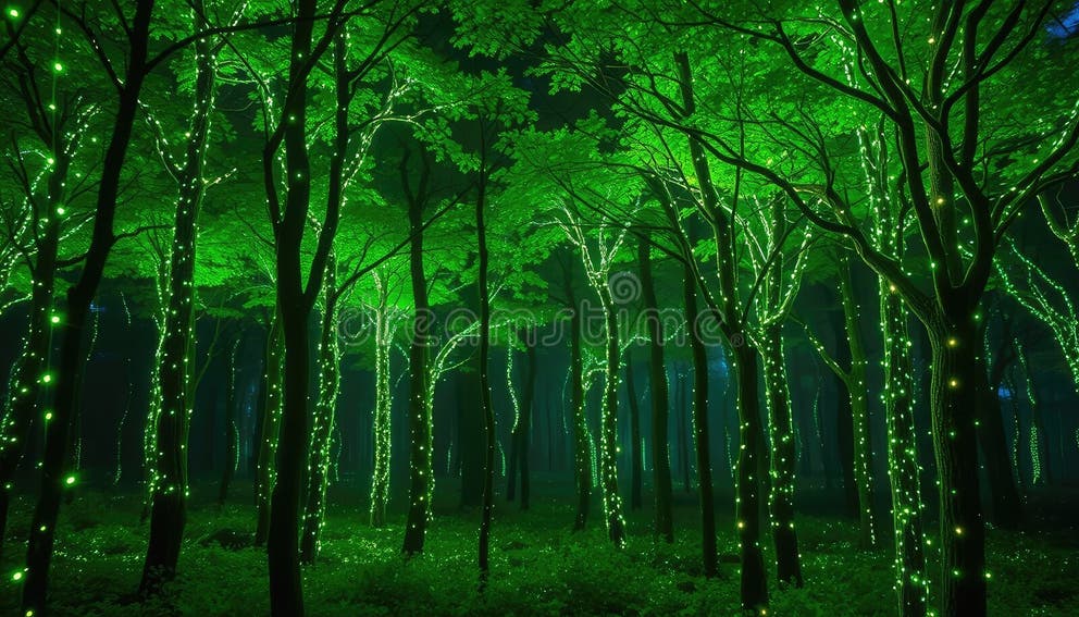 Digital Forest Made of Data and Code, Trees with Glowing Fiber Optic ...