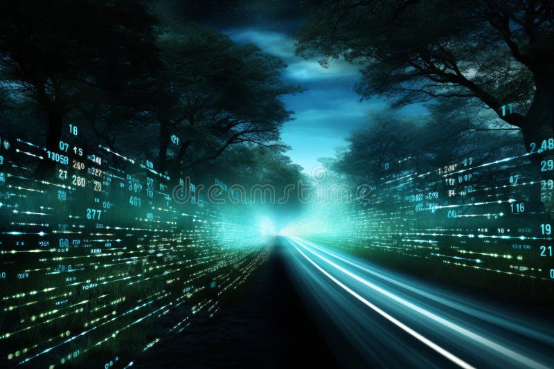 Digital Forest Path Illuminated by Glowing Numbers at Night Stock ...