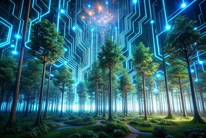 Digital Forest Pathway with Circuitry Stock Illustration - Illustration ...