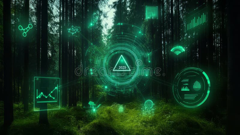 A Digital Forest Scene with Holographic Graphics and Green Visual ...