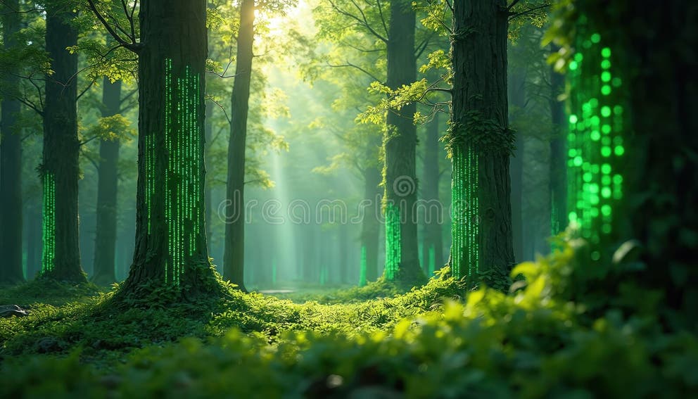 Digital Forest Trees Covered Green Matrix Binary Code. Tech, Digital ...