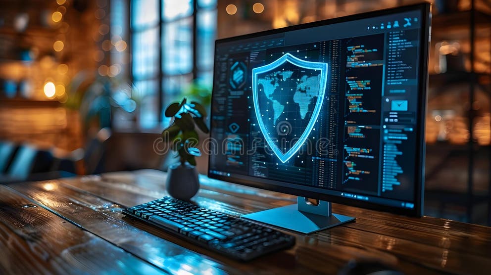 Digital Fortress: Cybersecurity Shield on Computer Display. Concept ...