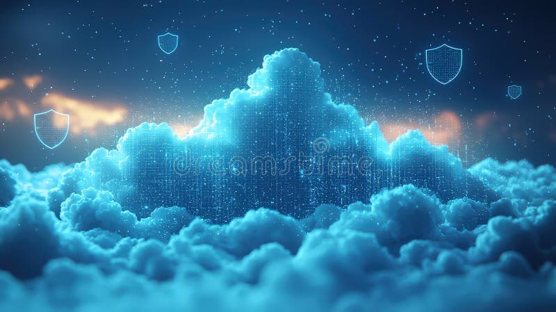A Digital Fortress Floating in Cloud Space, Featuring Shield Elements ...