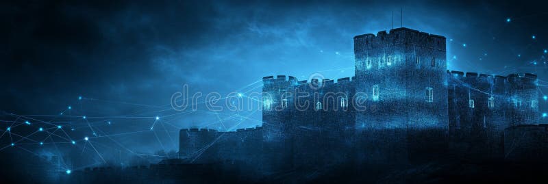 Digital Fortress Iconic Castle Structure Outlined in Blue Data ...
