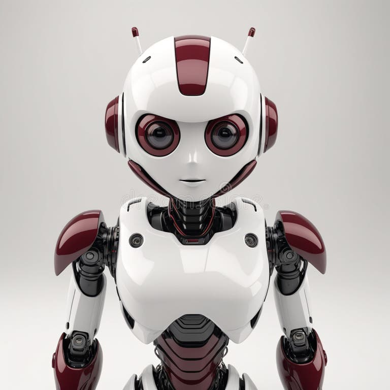 Digital Friendly Robot in Maroon and White on White Background Stock ...