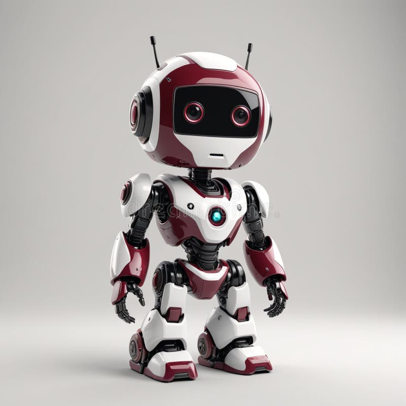 Digital Friendly Robot in Maroon and White on White Background Stock ...
